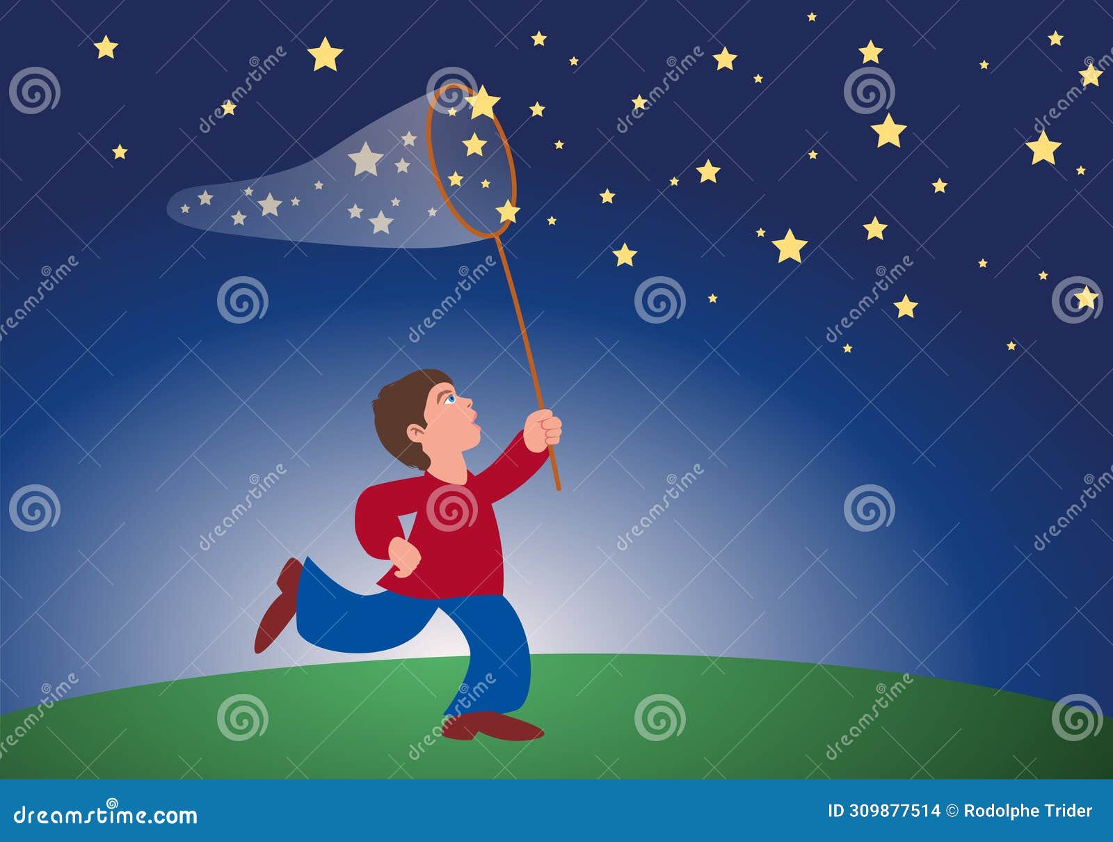 A Child Dreams of Catching Stars with a Net. Stock Illustration ...