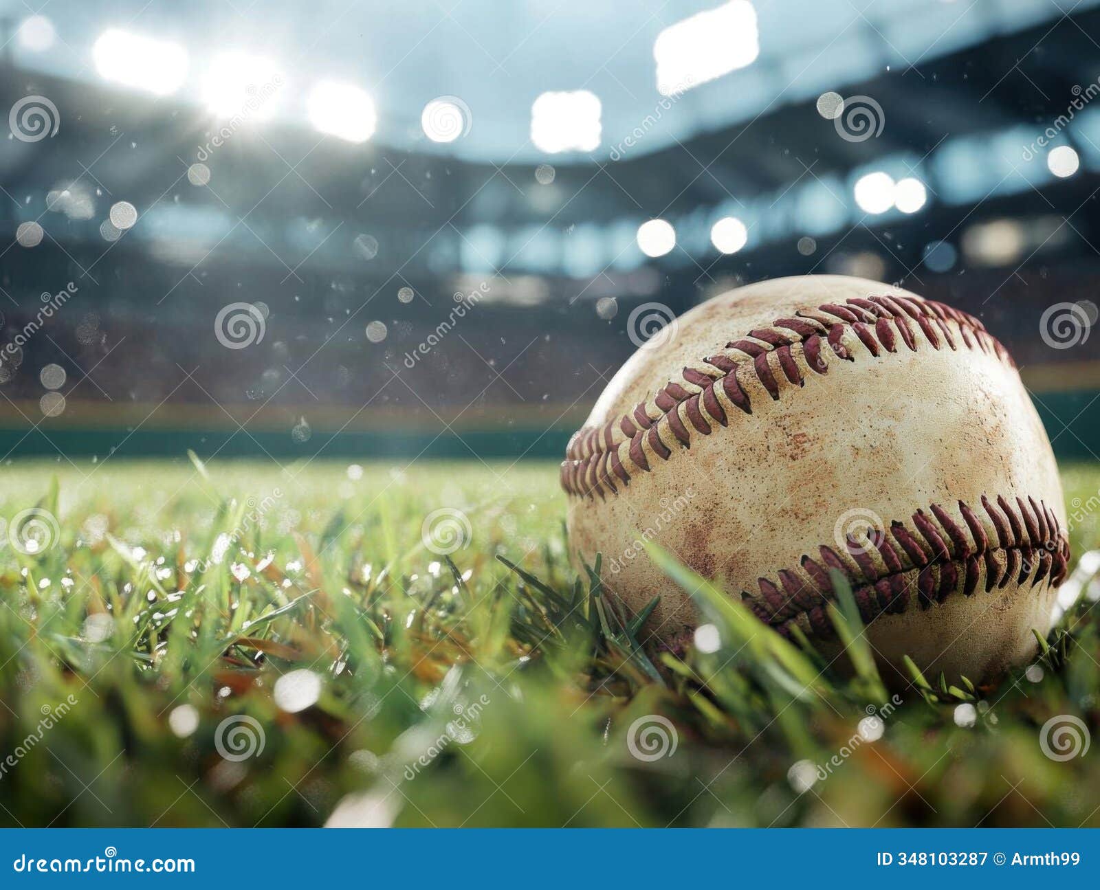 Baseball Ball on the Grass with Stadium Lights Background Stock ...