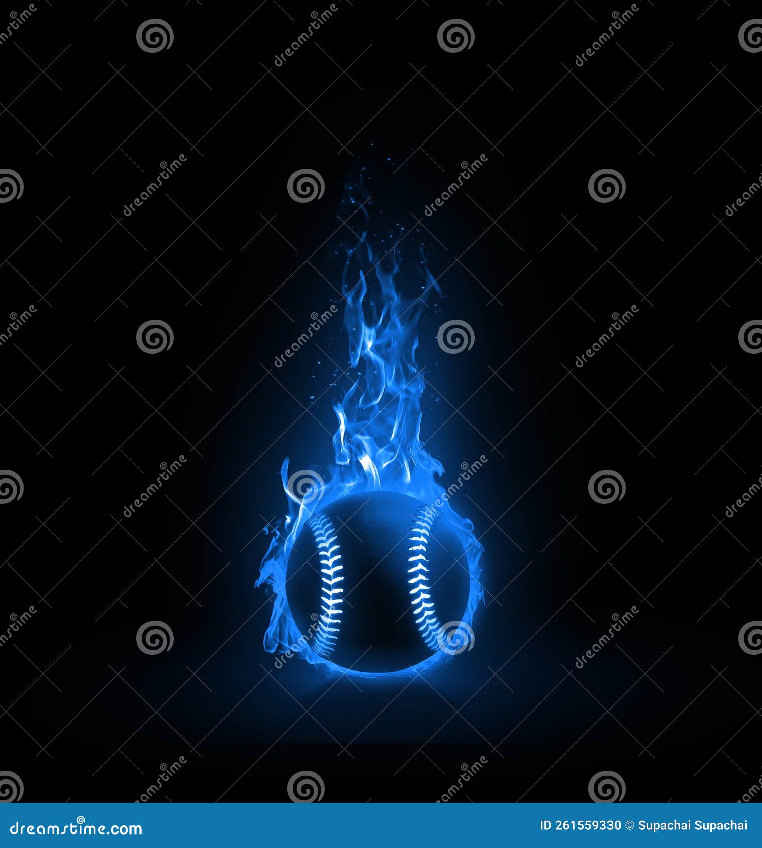 Baseball Ball on Light Blue Flames on Black Background Stock ...