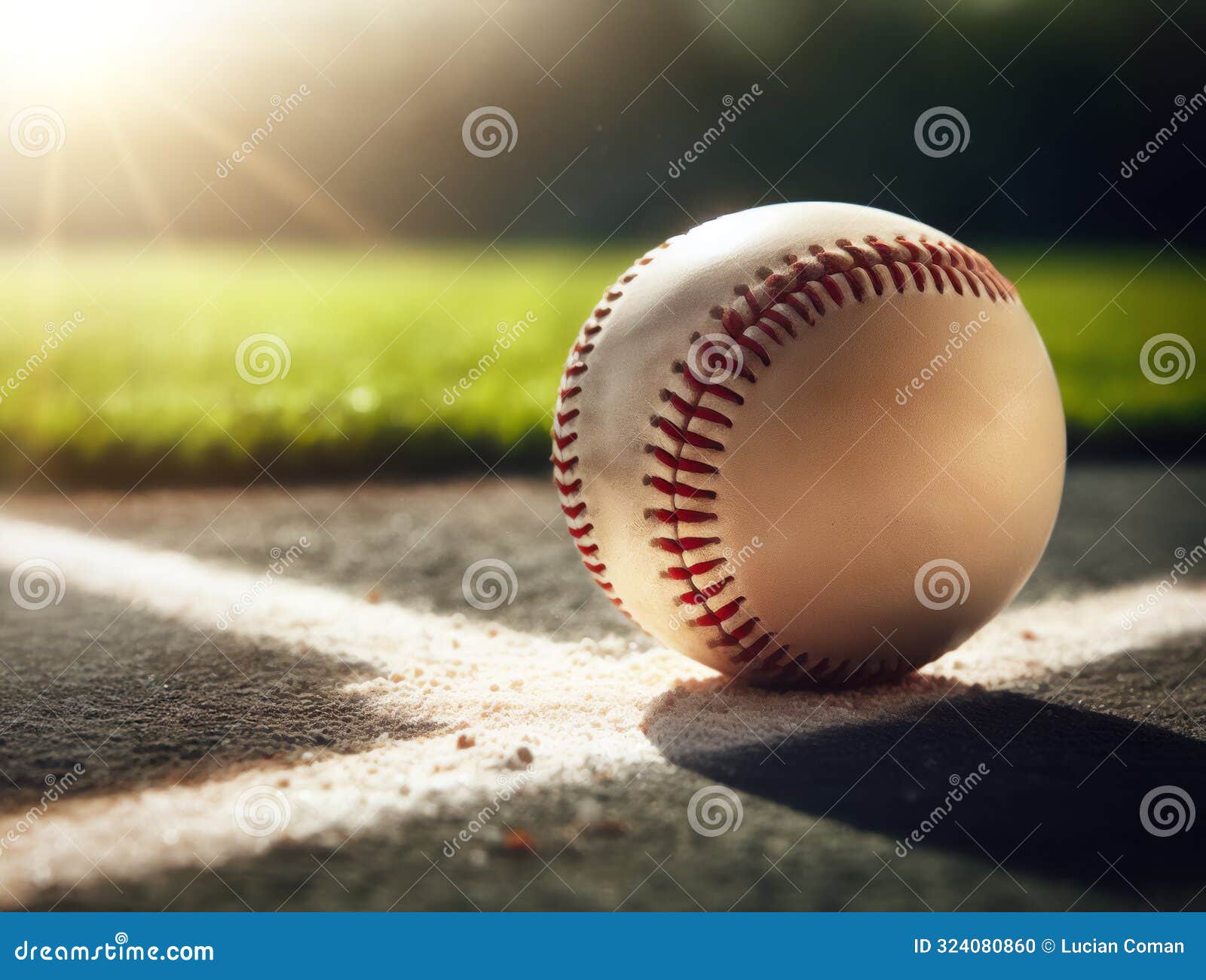Baseball Ball on the Stadium Field on the White Line at Sunset Stock ...