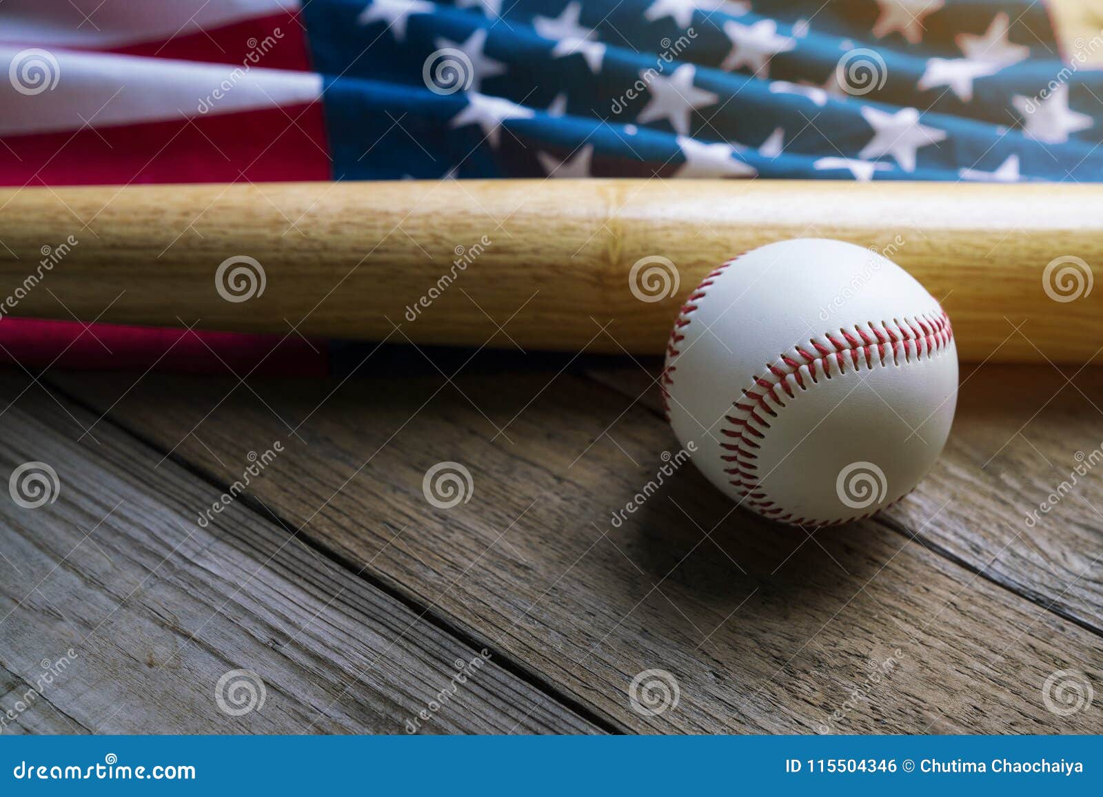 Baseball and Baseball Bat with American Flag in the Background Stock ...