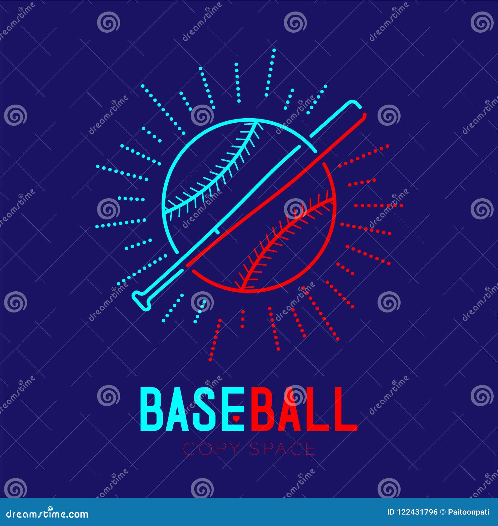 Baseball with Bat and Radius Frame Logo Icon Outline Stroke Set Dash ...