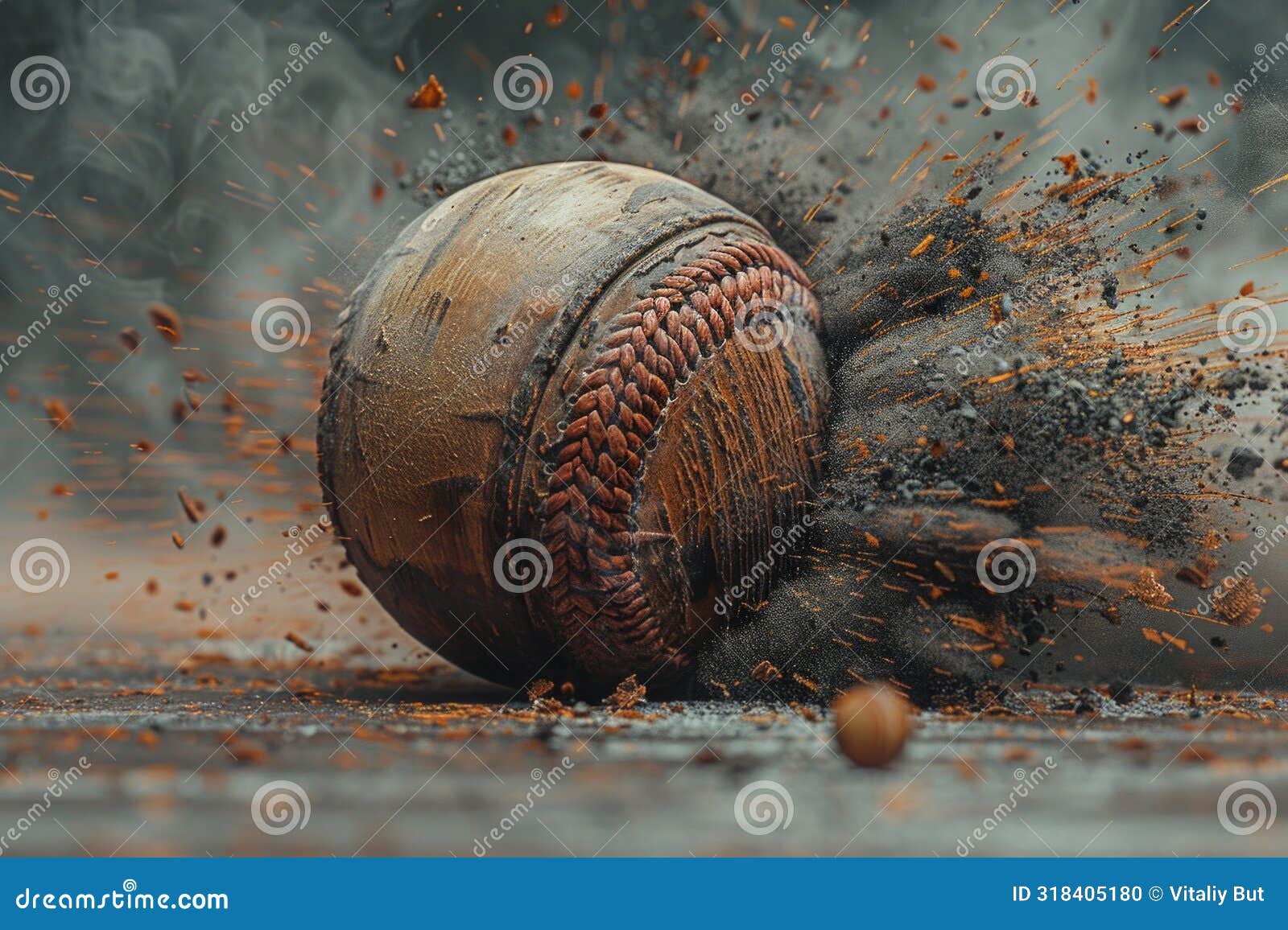 A Baseball Bat is Striking a Baseball, Creating a Cloud of Dust As the ...