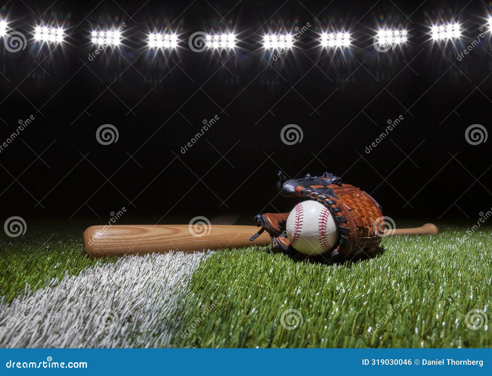 Baseball Batt Glove and Ball Low Angle on Grass Field with Stripe Below ...