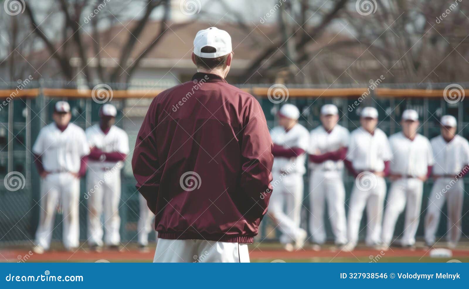 Baseball Coach in Maroon Jacket and White Cap Facing His Team in White ...