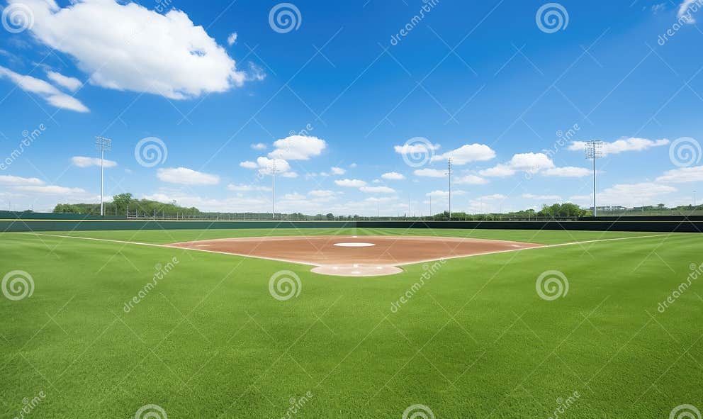 A Baseball Field with a Blue Sky and Clouds Stock Illustration ...