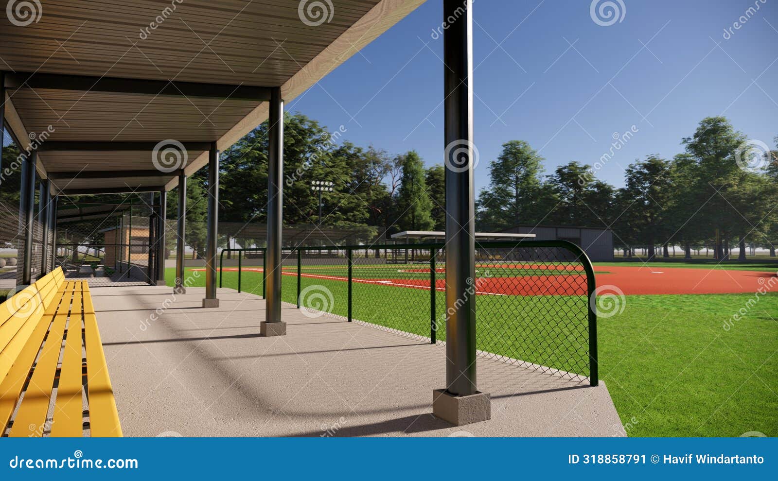 3d Rendering Baseball Field Dugout In The Middle Of The Forest Royalty ...