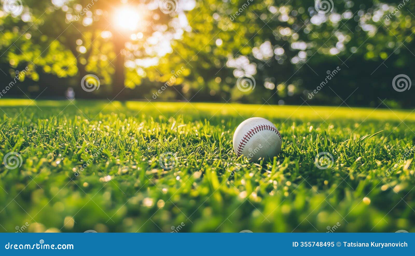 Baseball on Grass Field, Sunlight Shining through Trees, Serene Outdoor ...
