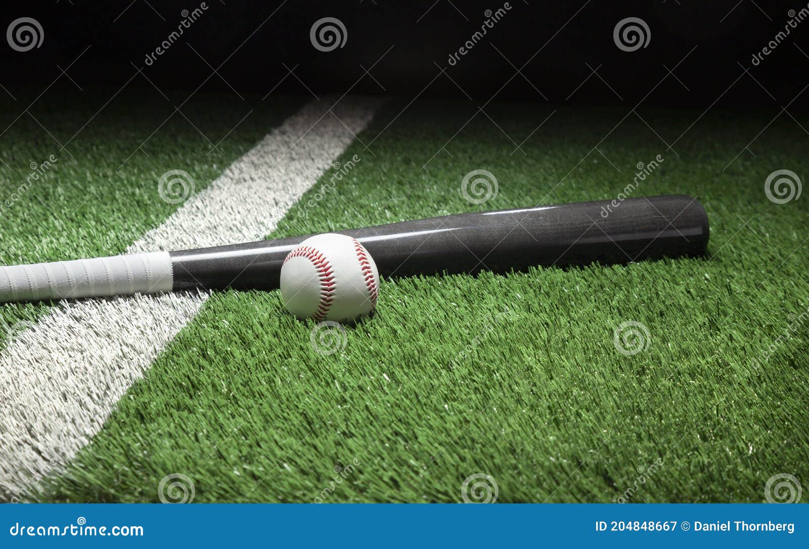 Baseball and Gray Bat on Field with Stripe and Dark Background Stock ...