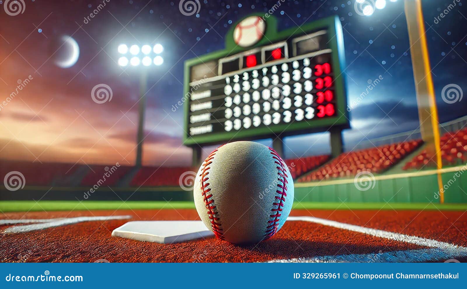 Baseball on the Ground with a Large, Blurred Scoreboard in the ...