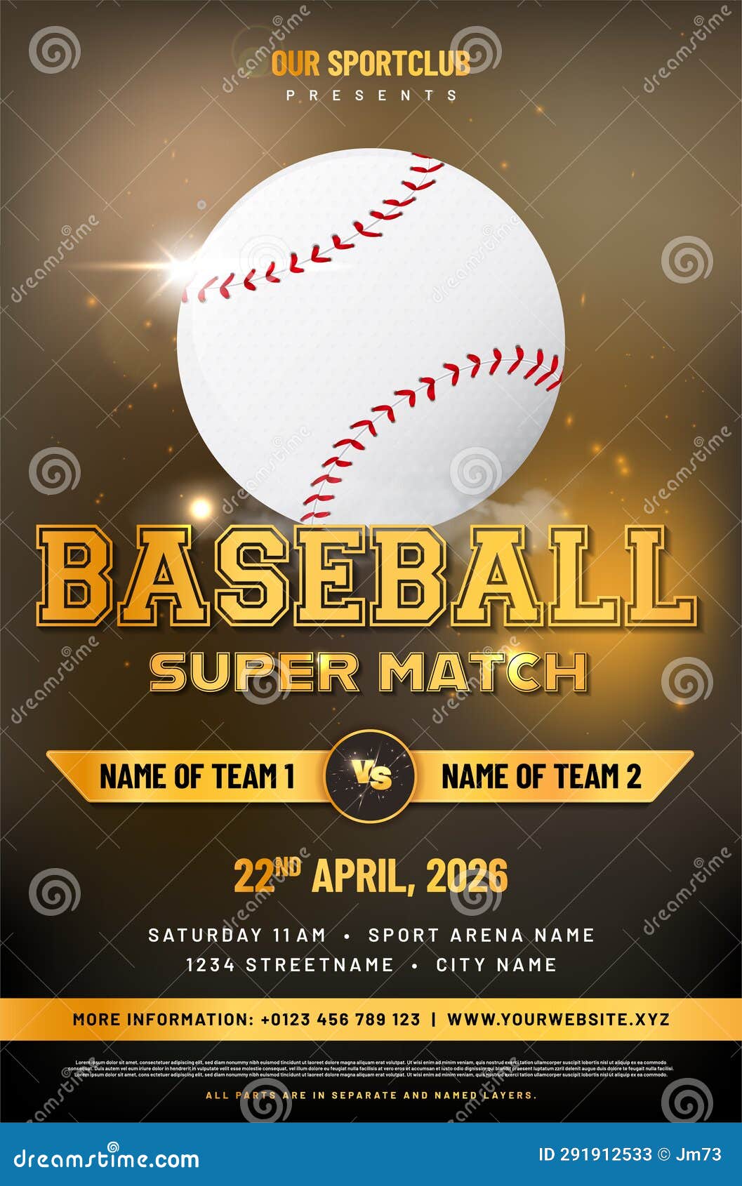 Baseball Match Poster Template with Ball and Sample Text Stock ...