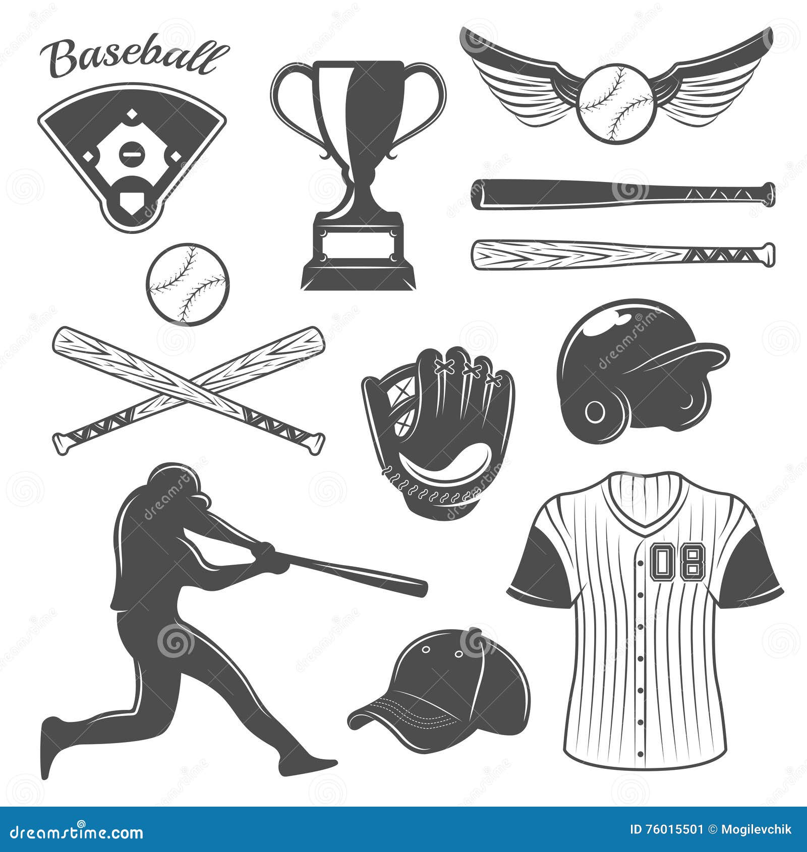 Baseball Monochrome Elements Set Stock Vector - Illustration of ...