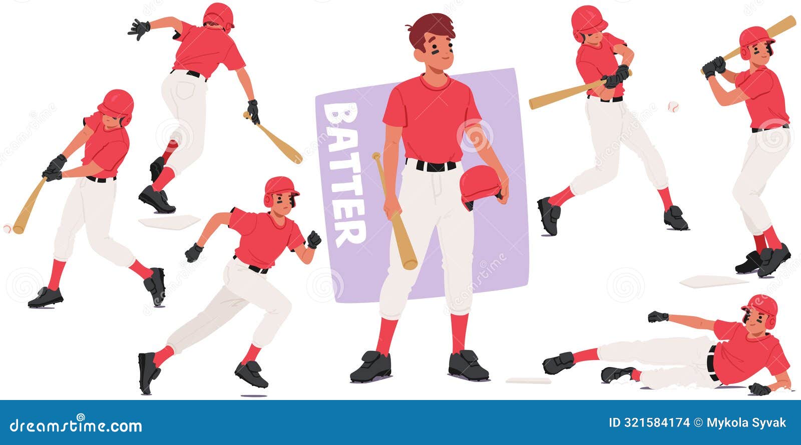 Baseball Player Batter in Various Action Poses. Player Character is ...
