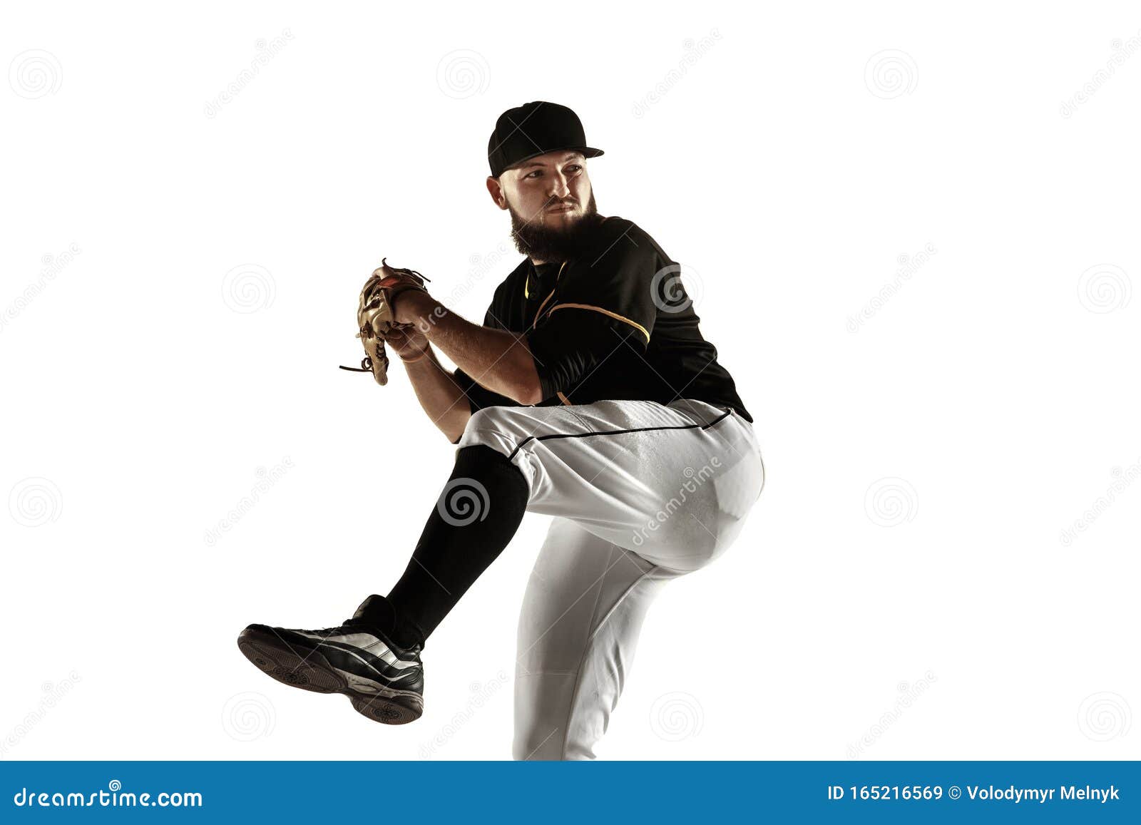 Baseball Player, Pitcher in a Black Uniform Practicing on a White ...