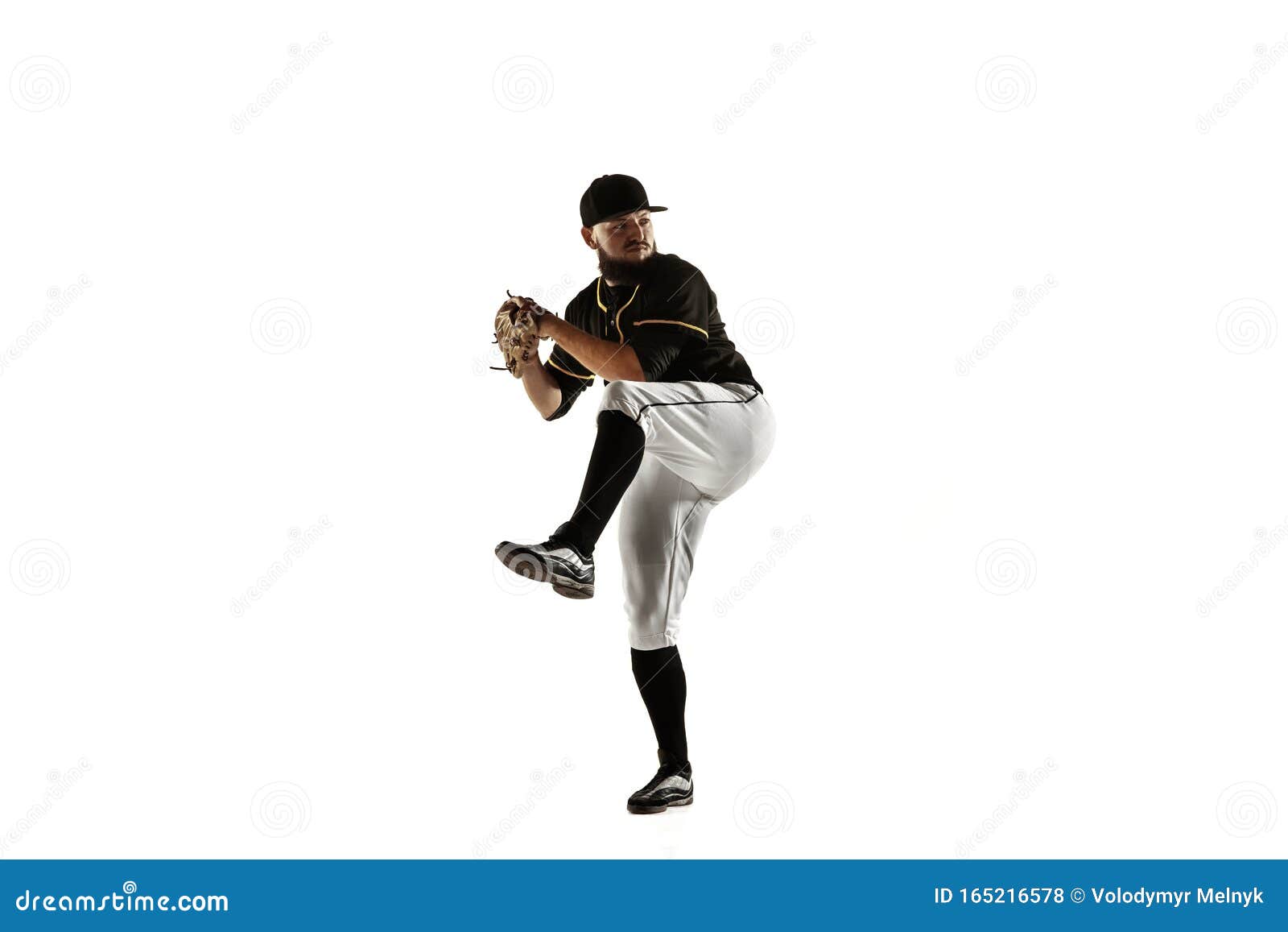 Baseball Player, Pitcher in a Black Uniform Practicing on a White ...