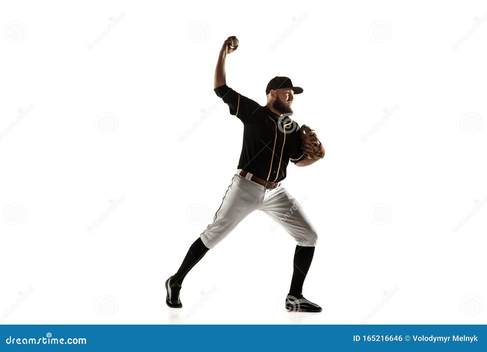 Baseball Player, Pitcher in a Black Uniform Practicing on a White ...
