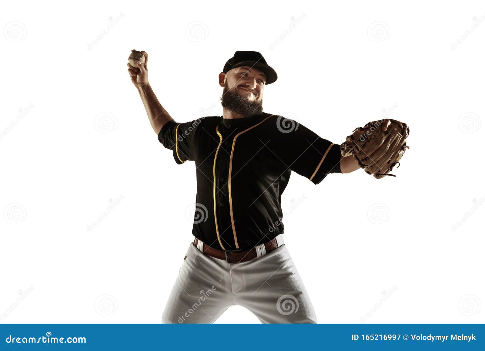 Baseball Player, Pitcher in a Black Uniform Practicing on a White ...