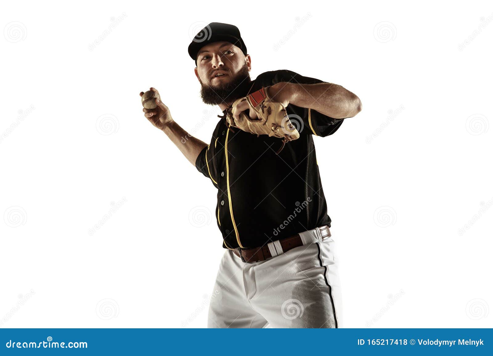 Baseball Player, Pitcher in a Black Uniform Practicing on a White ...
