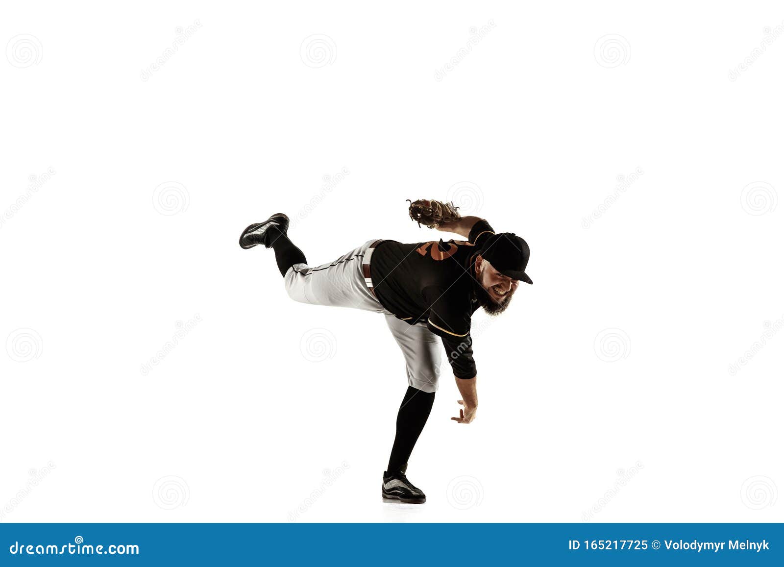 Baseball Player, Pitcher in a Black Uniform Practicing on a White ...