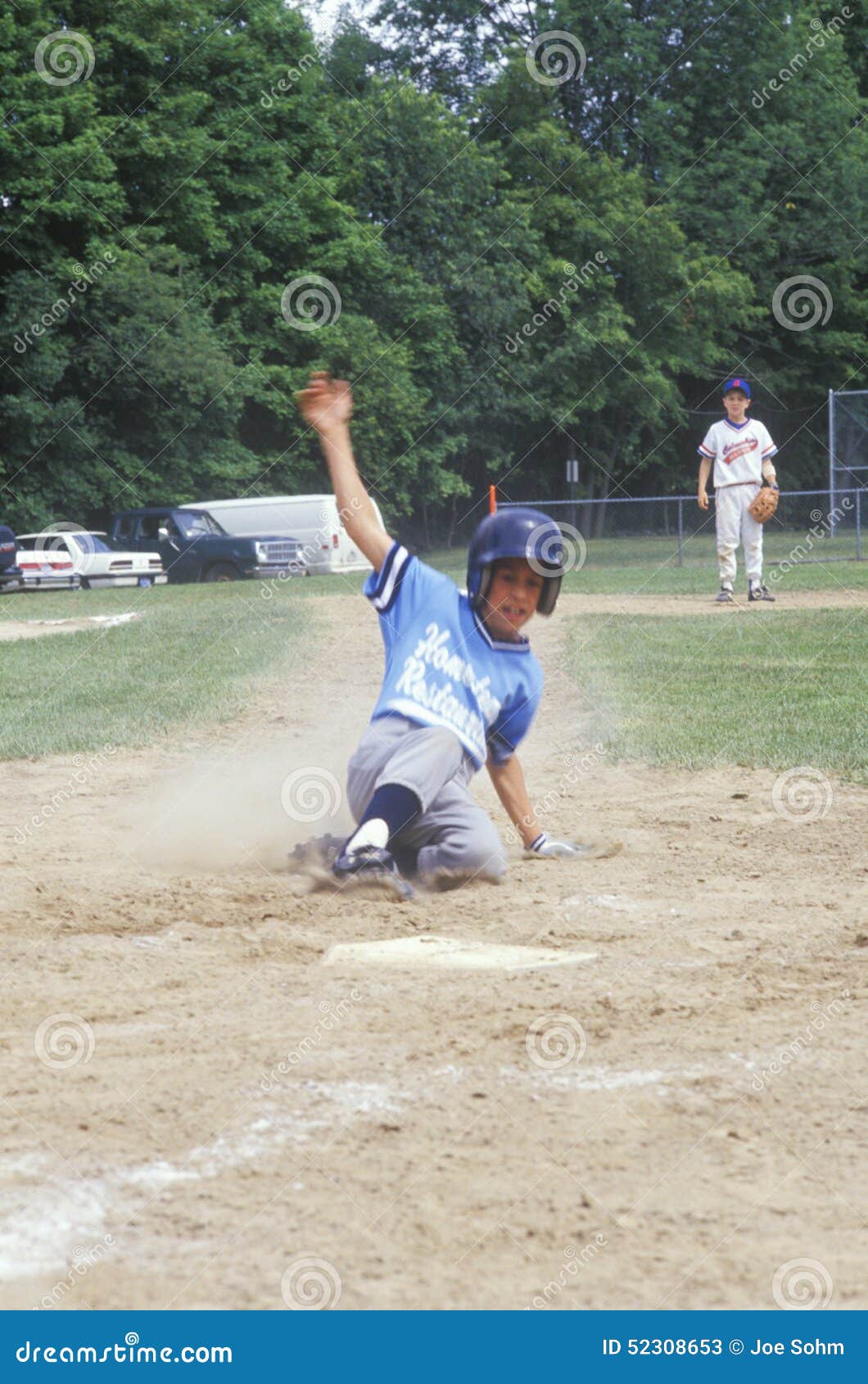 Baseball Player Sliding into Base, Little League Game, Hebron, CT ...