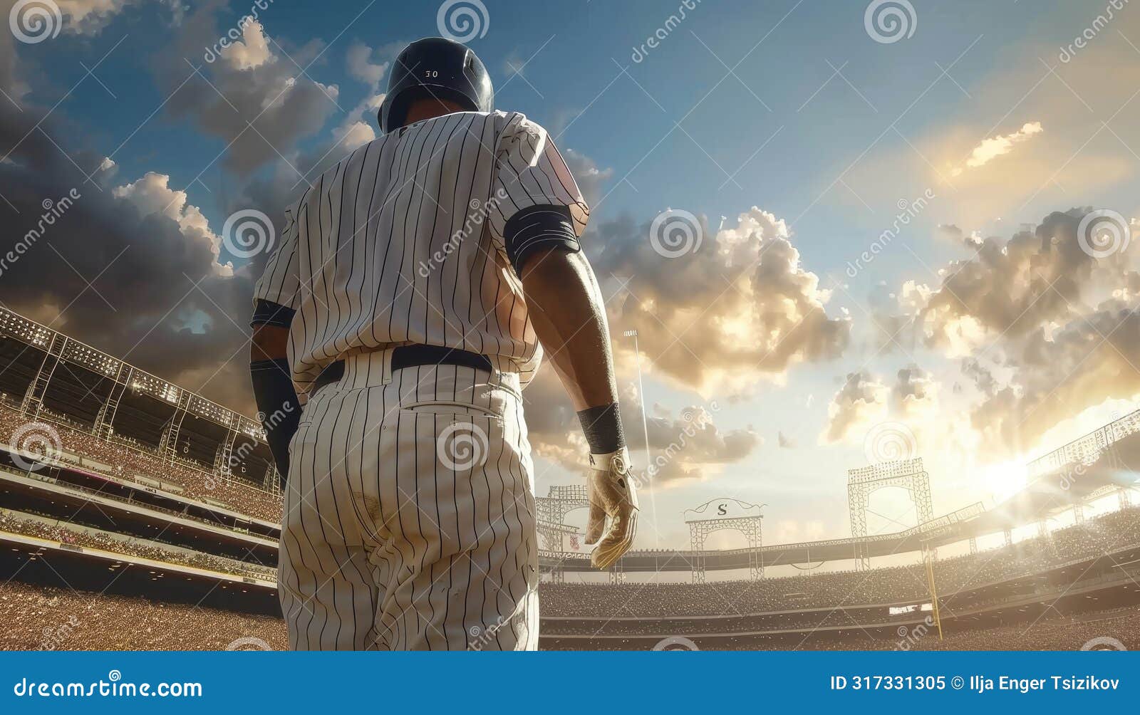 Baseball Player Standing Ready In Center Of Stadium, Wide Banner View ...
