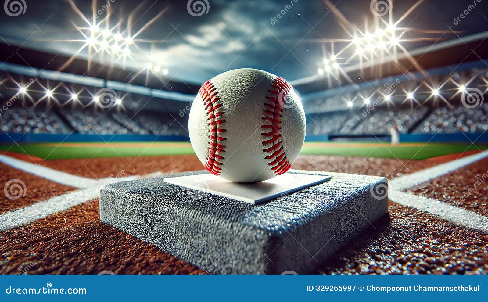 Baseball Resting on Home Plate, with a Blurred Stadium and Dramatic ...