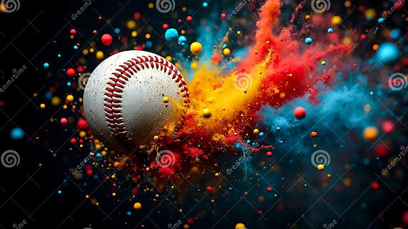 A Baseball is Striking a Surface, Sending Vibrant Colors of Red, Blue ...
