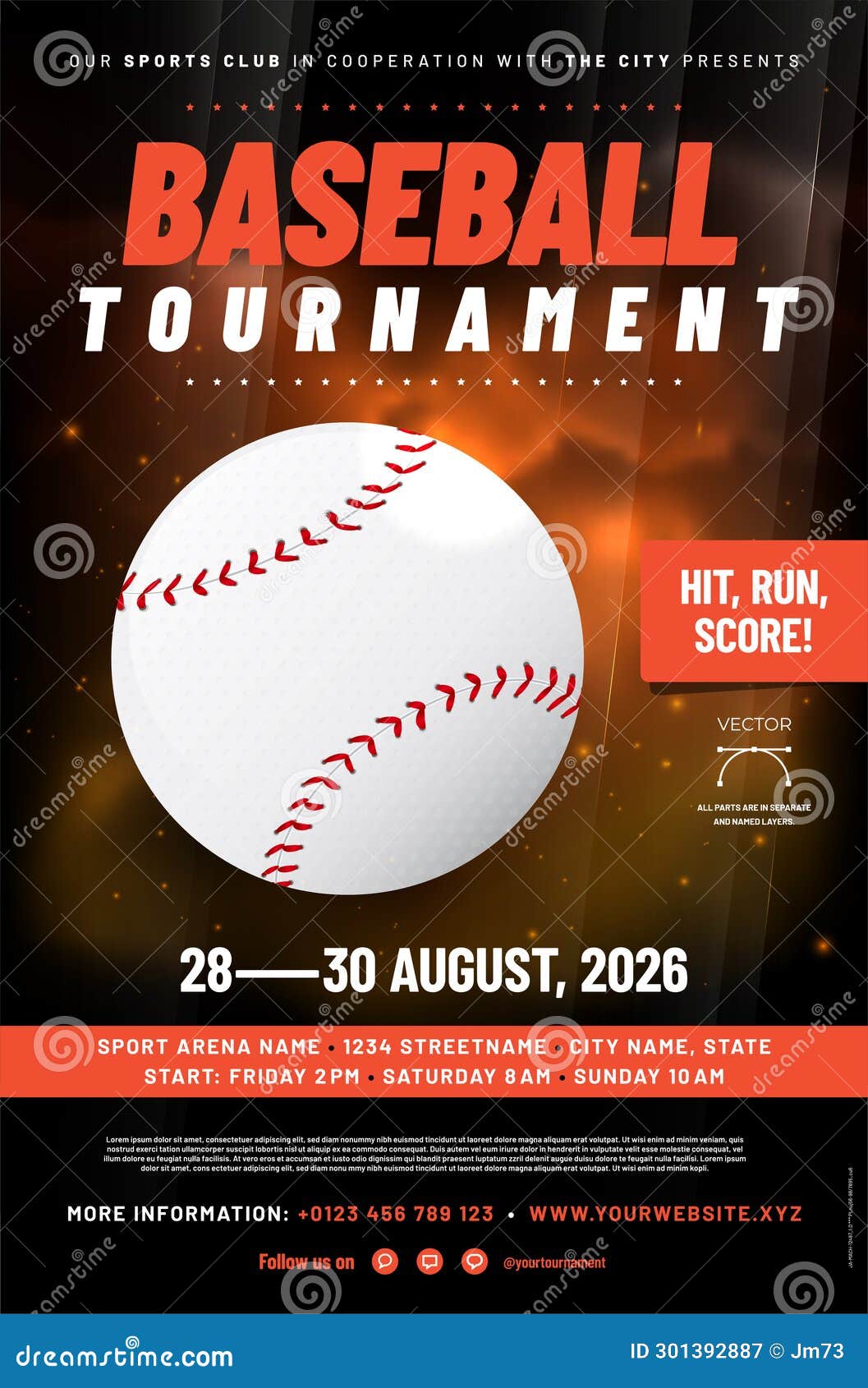 Baseball Tournament Poster Template with Ball and Sample Text Stock ...