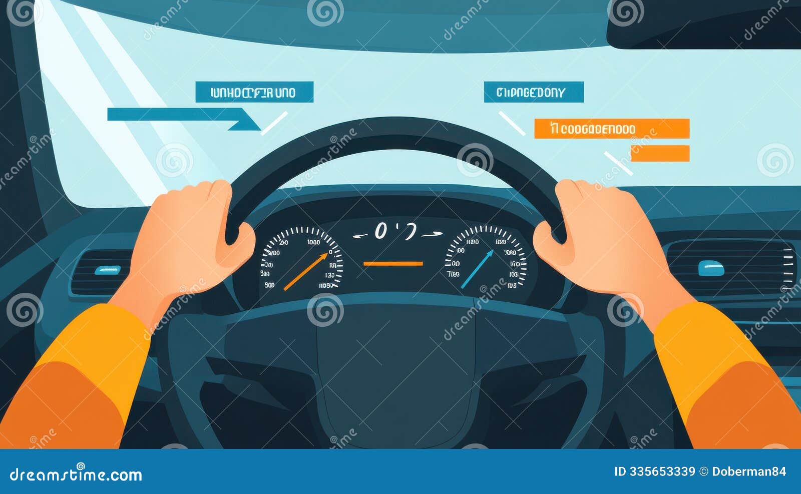 Illustration of a Man Driving a Car with Focus on Dashboard Data and ...