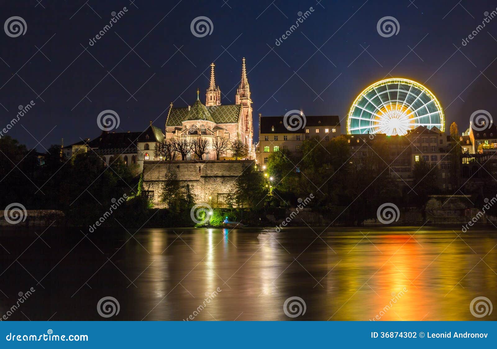 Basel Minster Over the Rhine by Night - Switzerland Stock Photo - Image ...