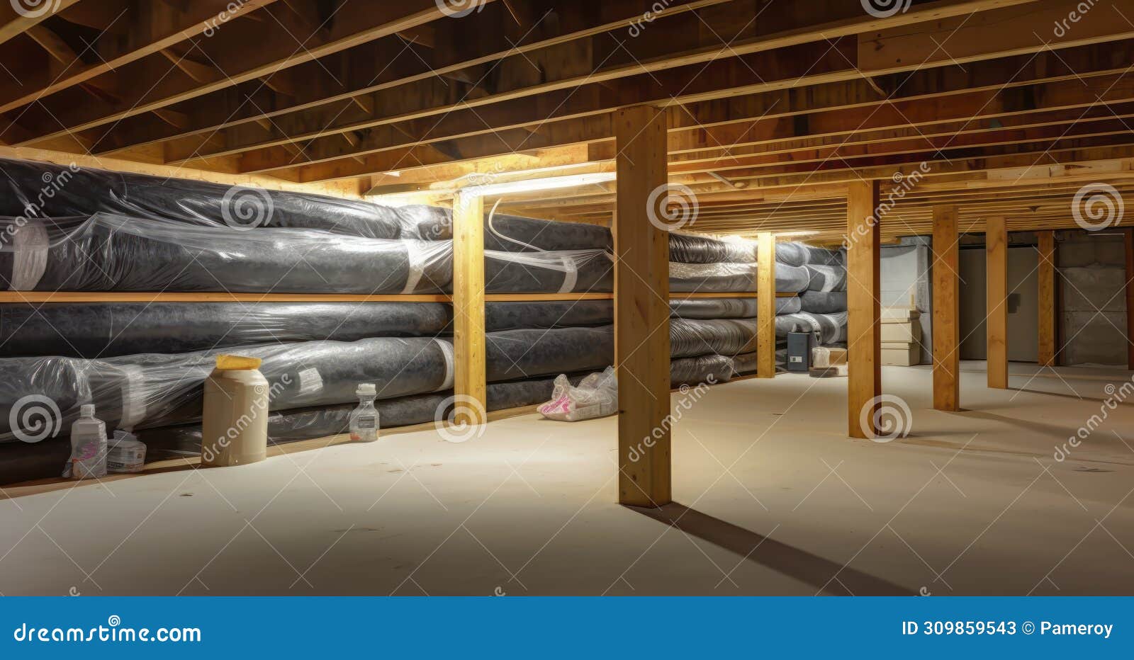 Basement or Crawl Space with Upper Floor Insulation and Wooden Support ...
