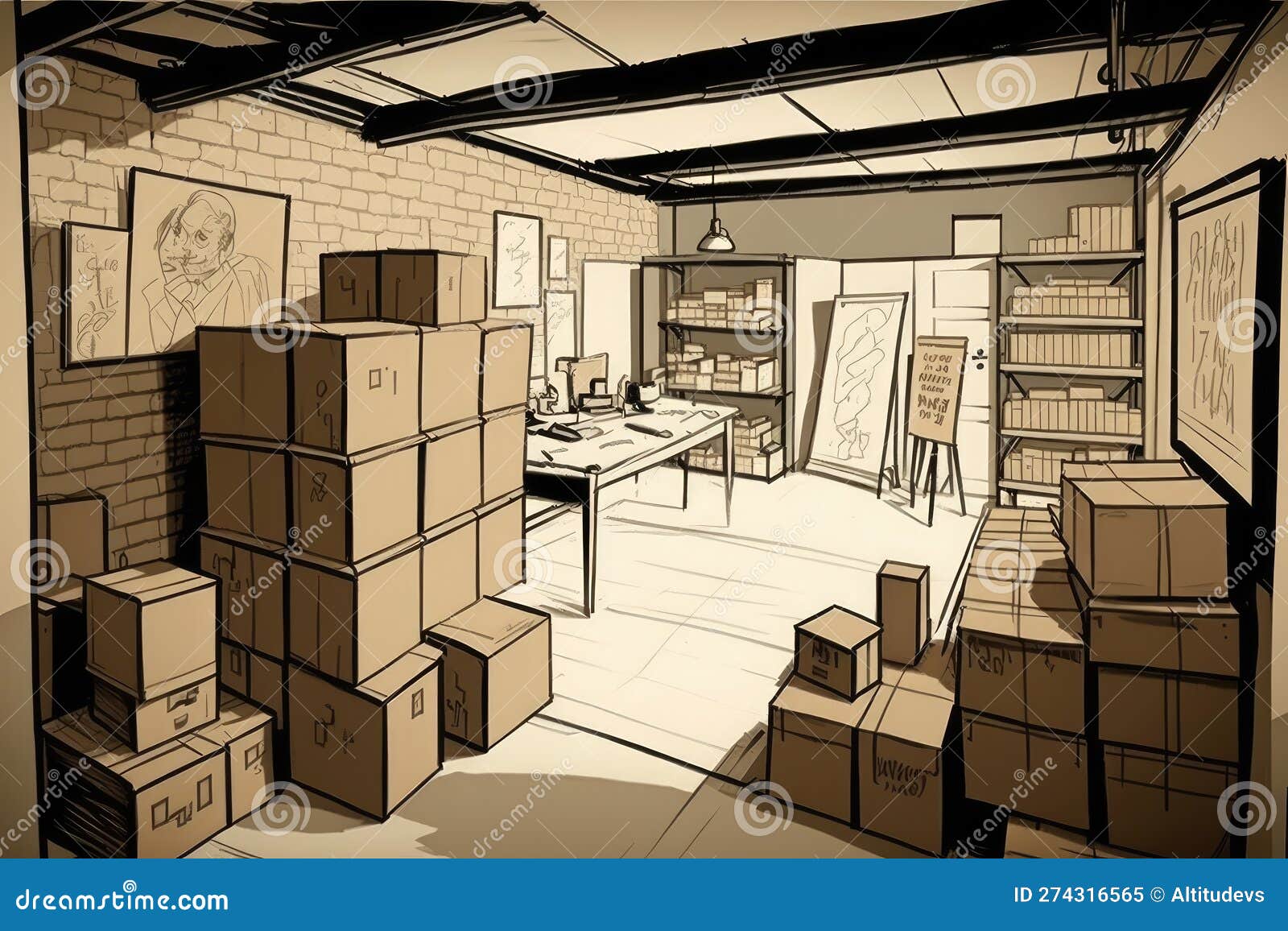 Basement Filled with Boxes and Other Storage Items, with a Hand-drawn ...