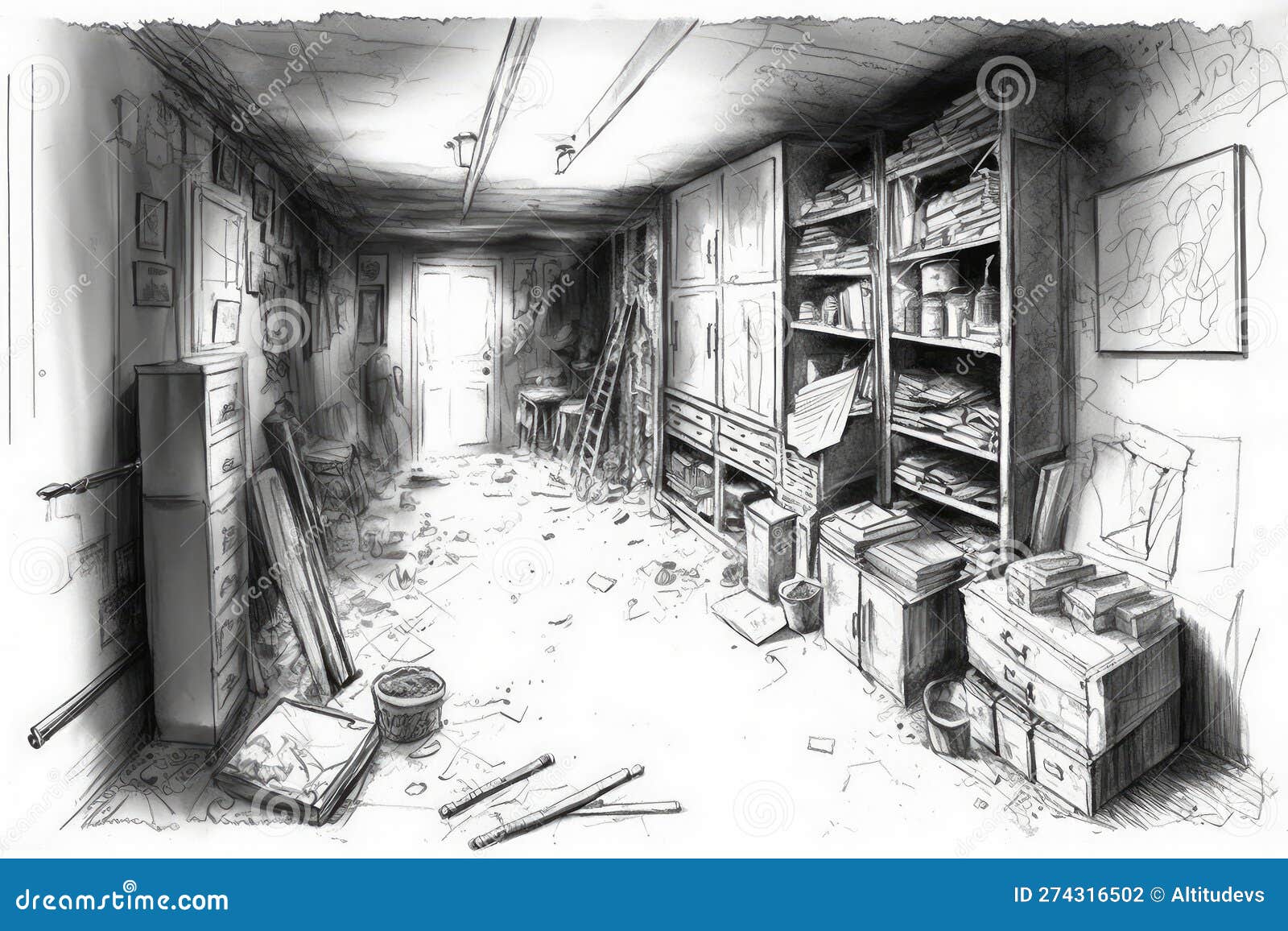 Basement Filled with Clutter, Pencil Sketch of an Empty Basement Stock ...
