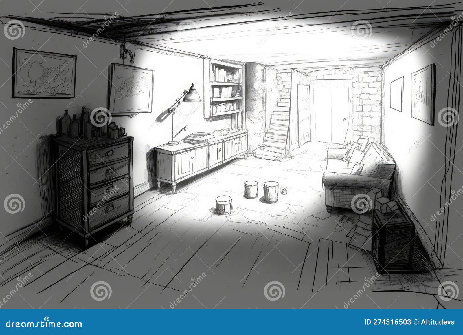 Basement Filled with Clutter, Pencil Sketch of an Empty Basement Stock ...