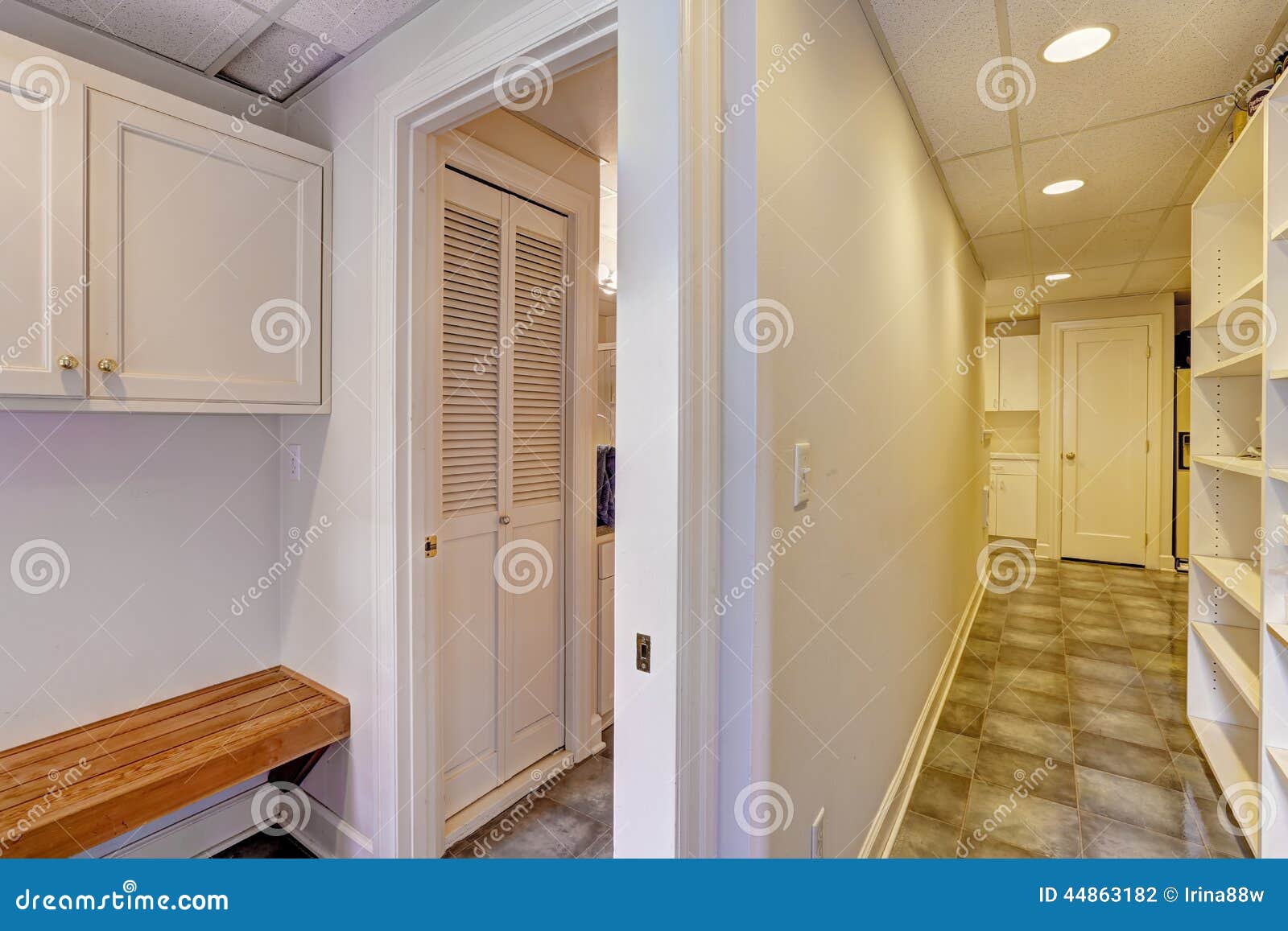 Basement Interior. Long Corridor with Tile Floor Stock Photo - Image of ...