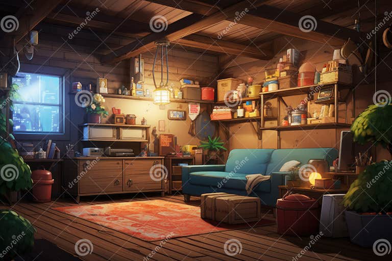 Basement Sofa Anime Visual Novel Game. Generate Ai Stock Illustration ...