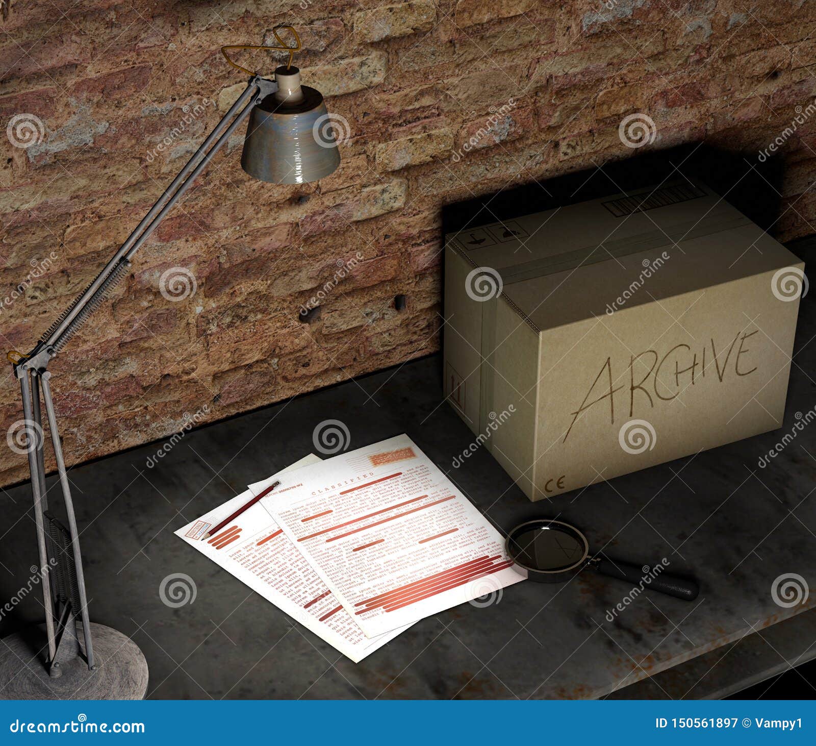 Basement Table With Boxes And Top Secret File. Table Lamp, Magnifying ...