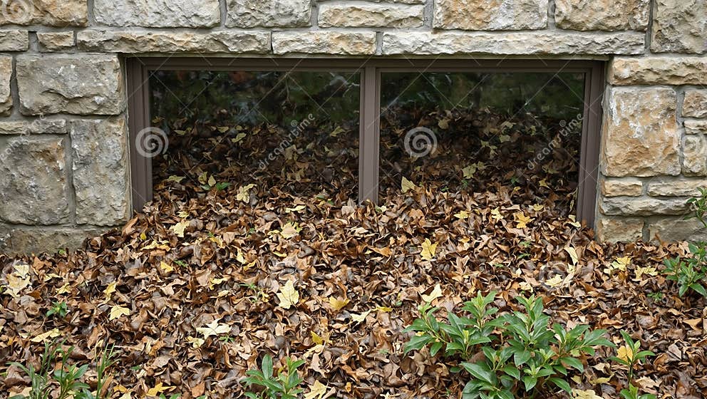 Basement Window Covered in Wet Leaves Blocking Light and Creating a ...