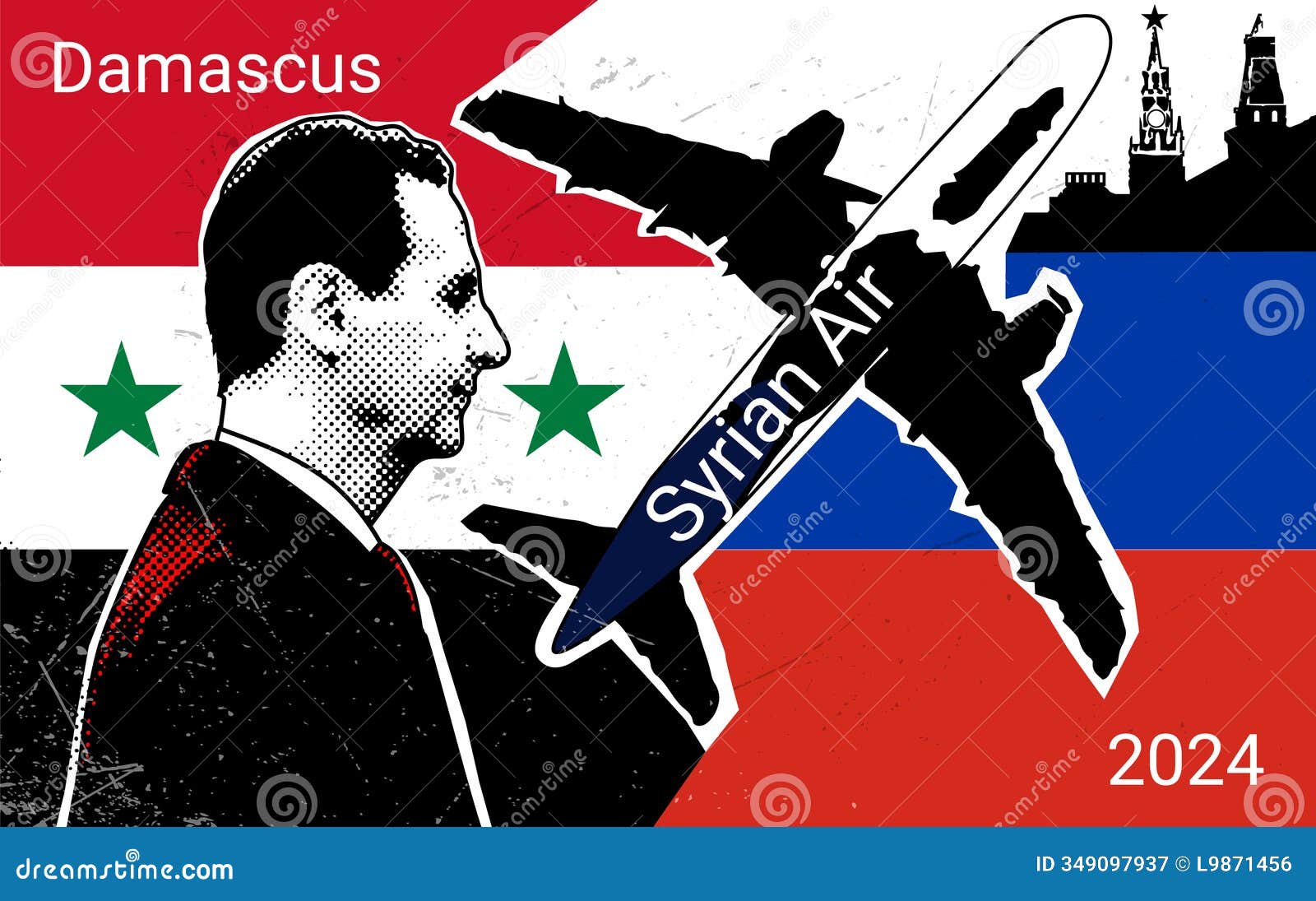 Bashar Al-Assad Against The Backdrop Of The Syrian Flag And An Airplane ...