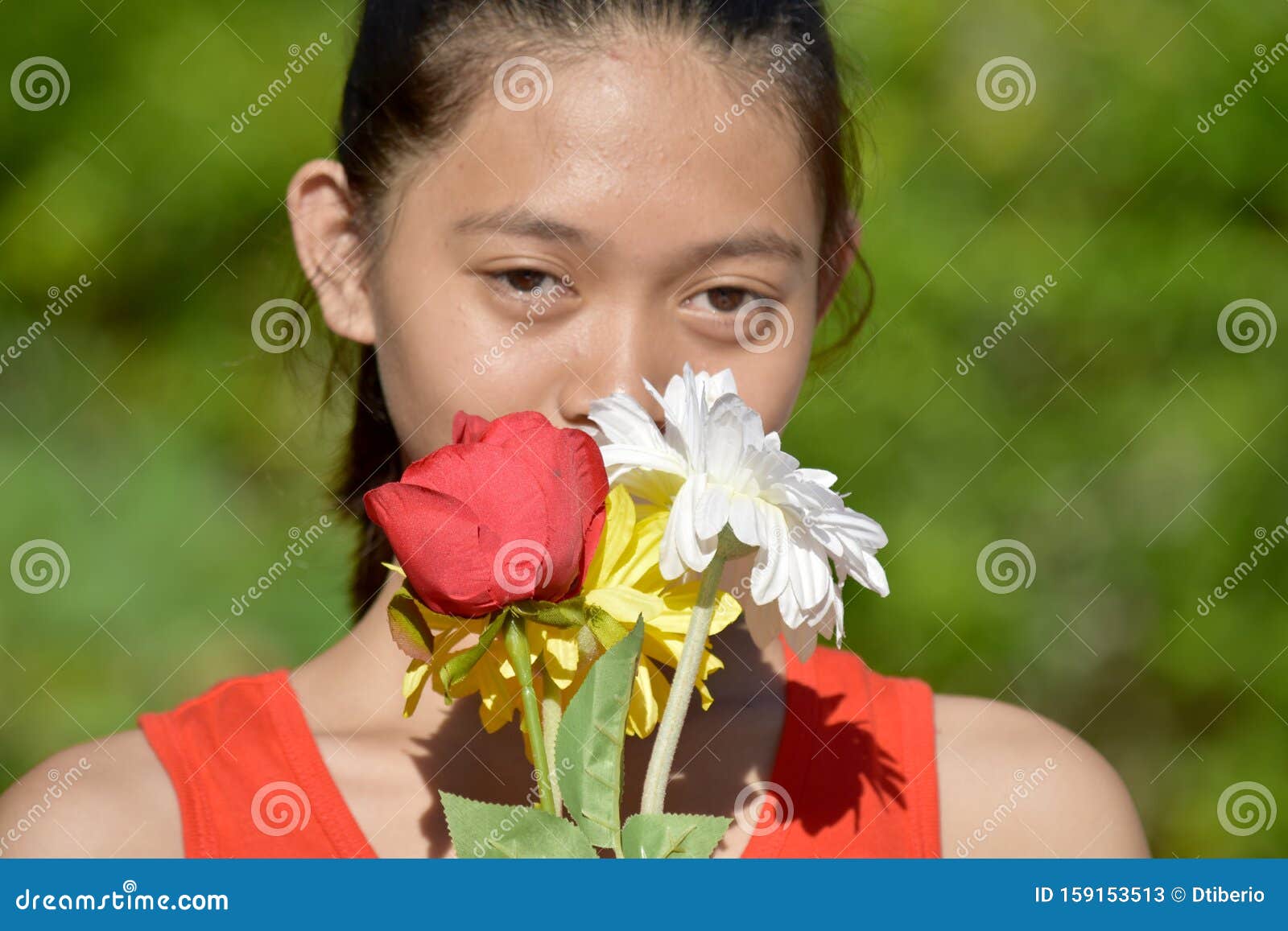 A Bashful Cute Person with Flowers Stock Image - Image of bashful ...