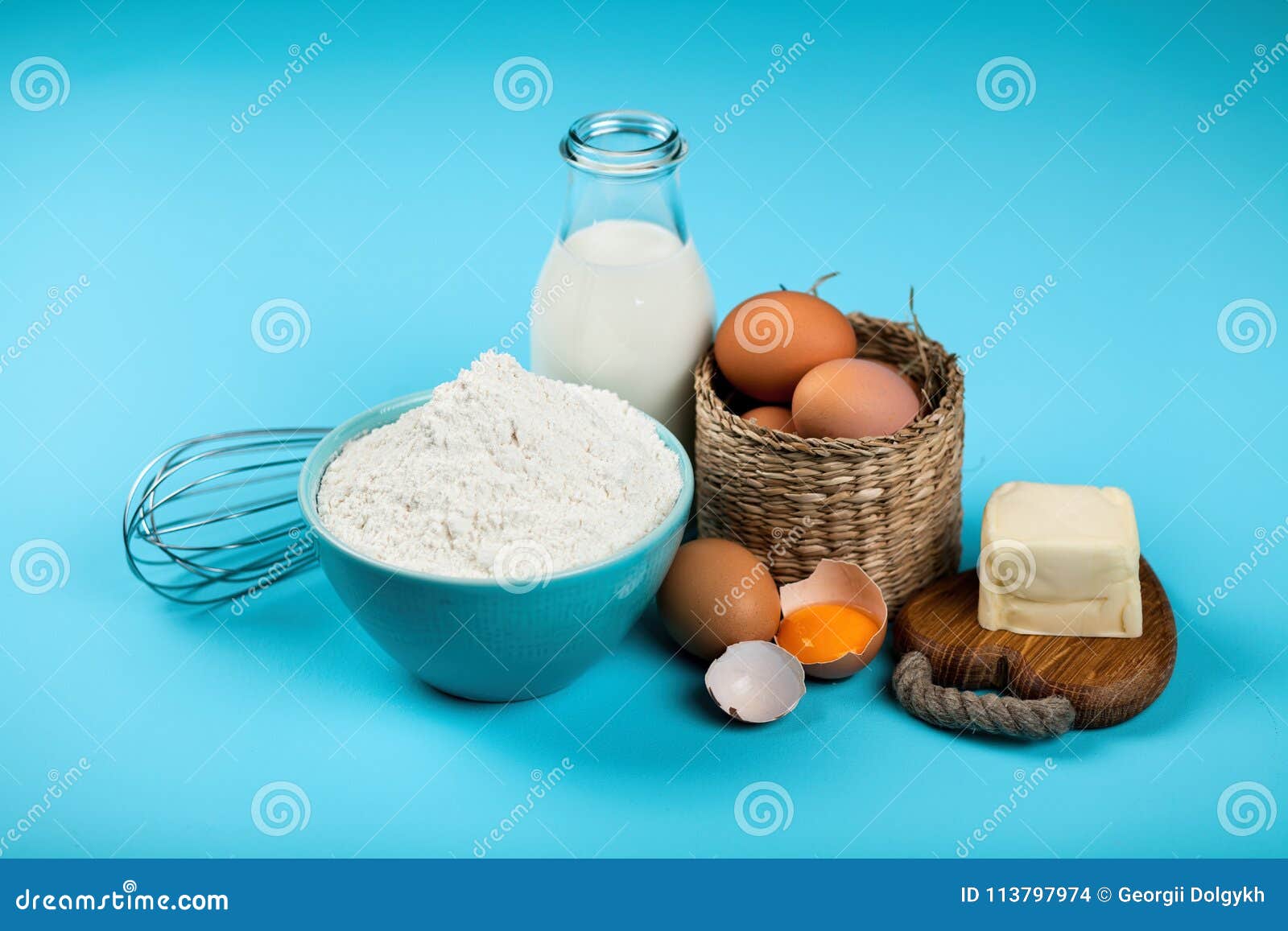 Basic baking ingredients stock photo. Image of blue - 113797974