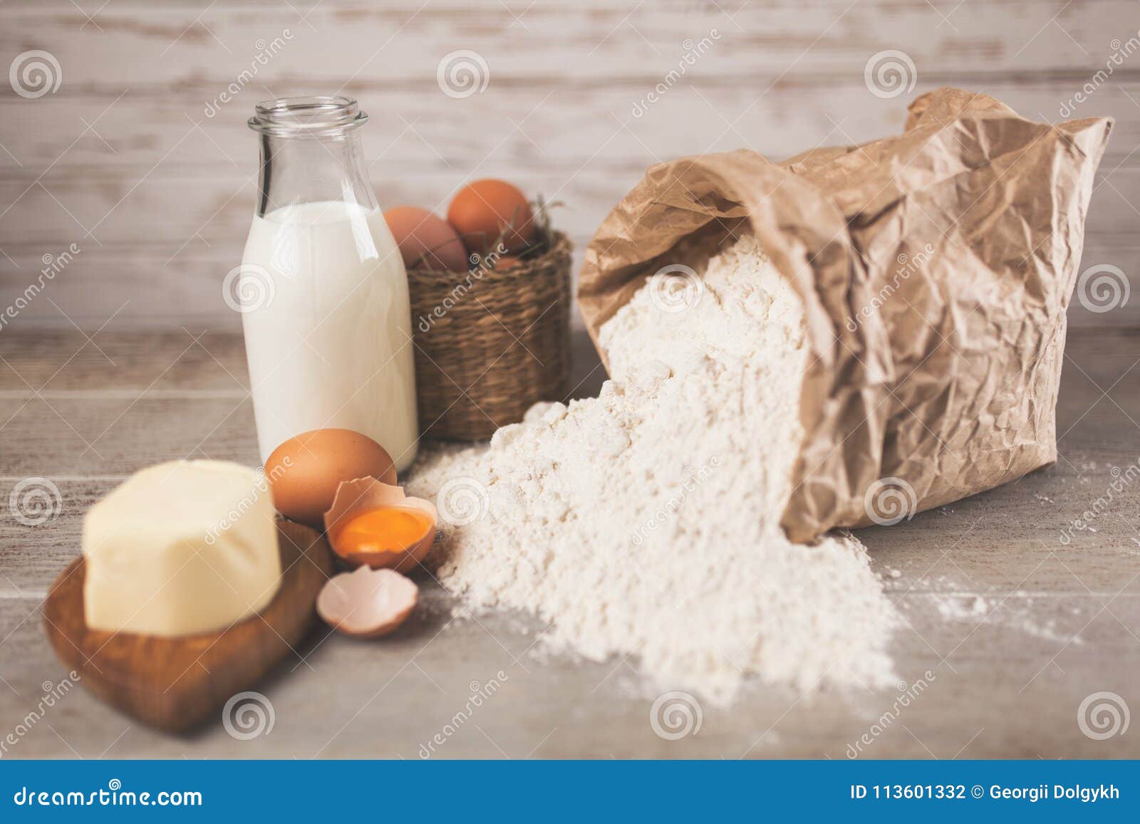 Basic baking ingredients stock photo. Image of space - 113601332