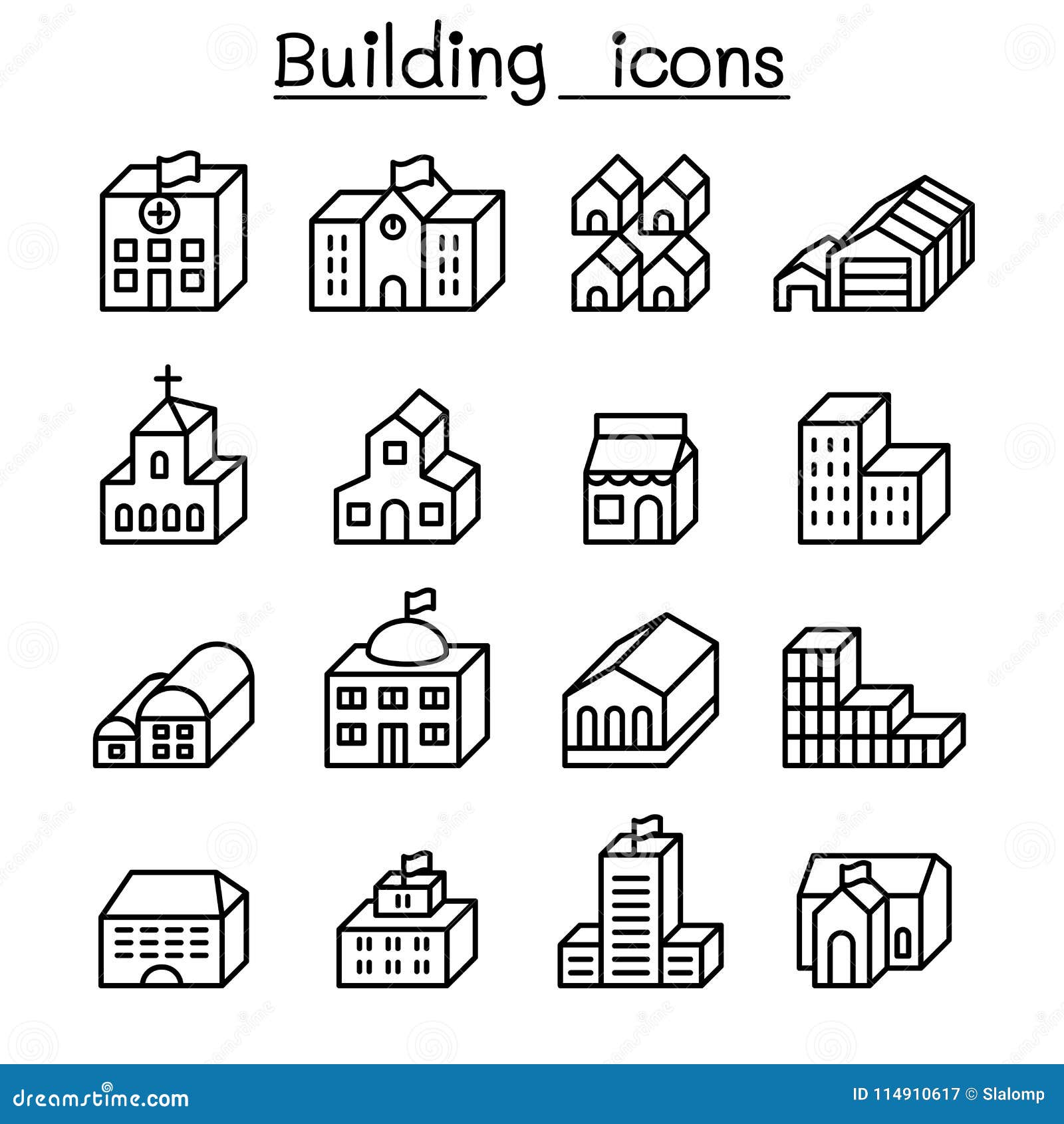 Basic Building in 3 Dimension Icon Set Thin Line Style Stock ...