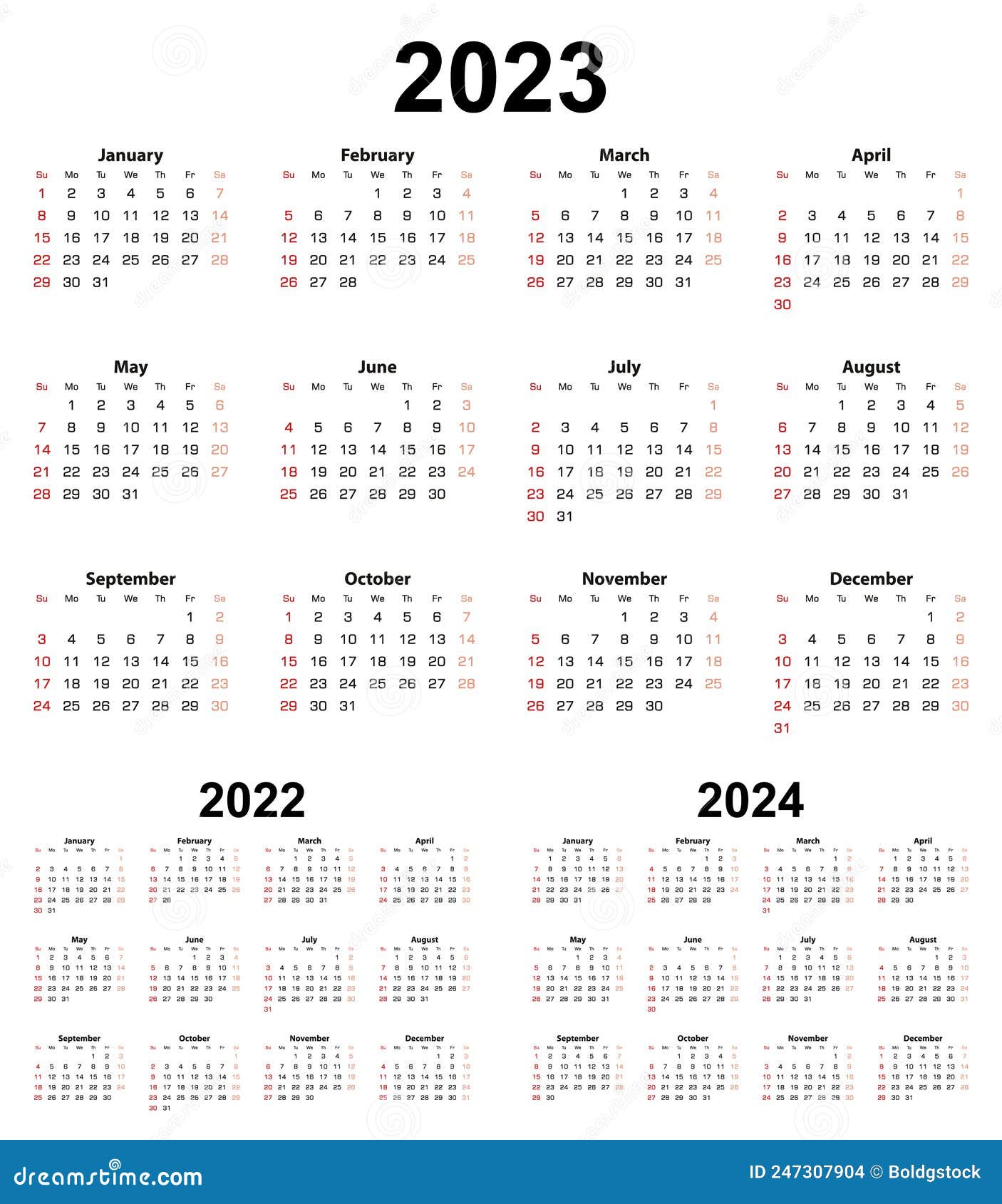 Basic Calendar for Year 2023 and 2022, 2024. Week Starts on Sunday ...