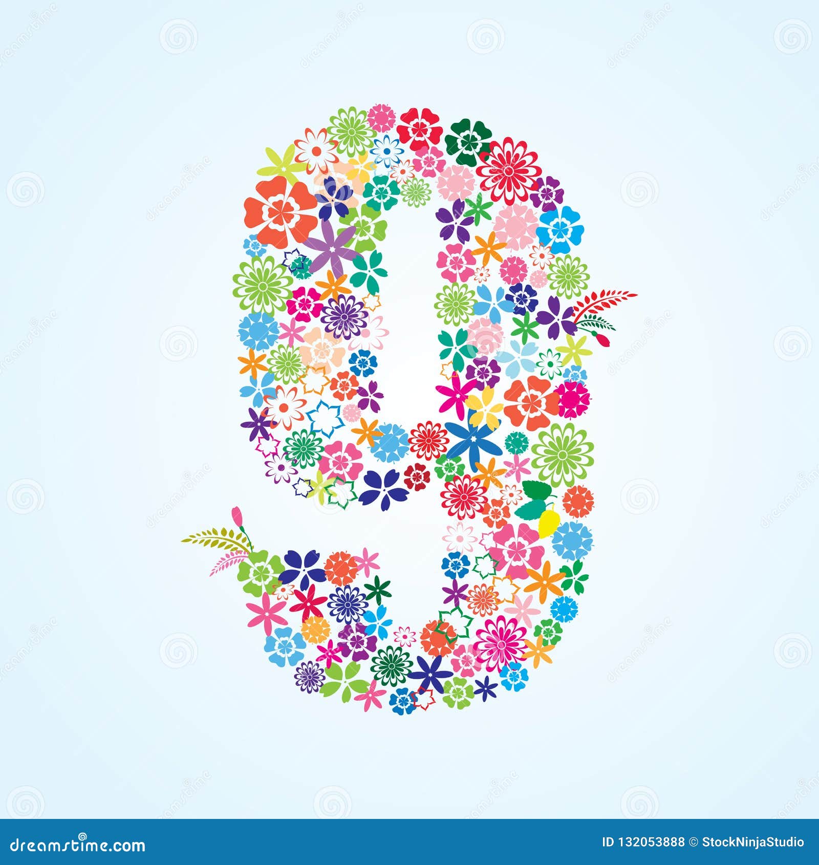 Vector Colorful Floral 9 Number Design Isolated on White Background ...