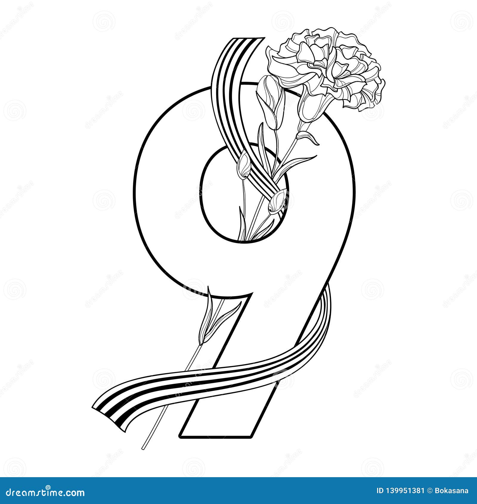Vector Greeting Template for May 9 Victory Day with Outline Carnation ...