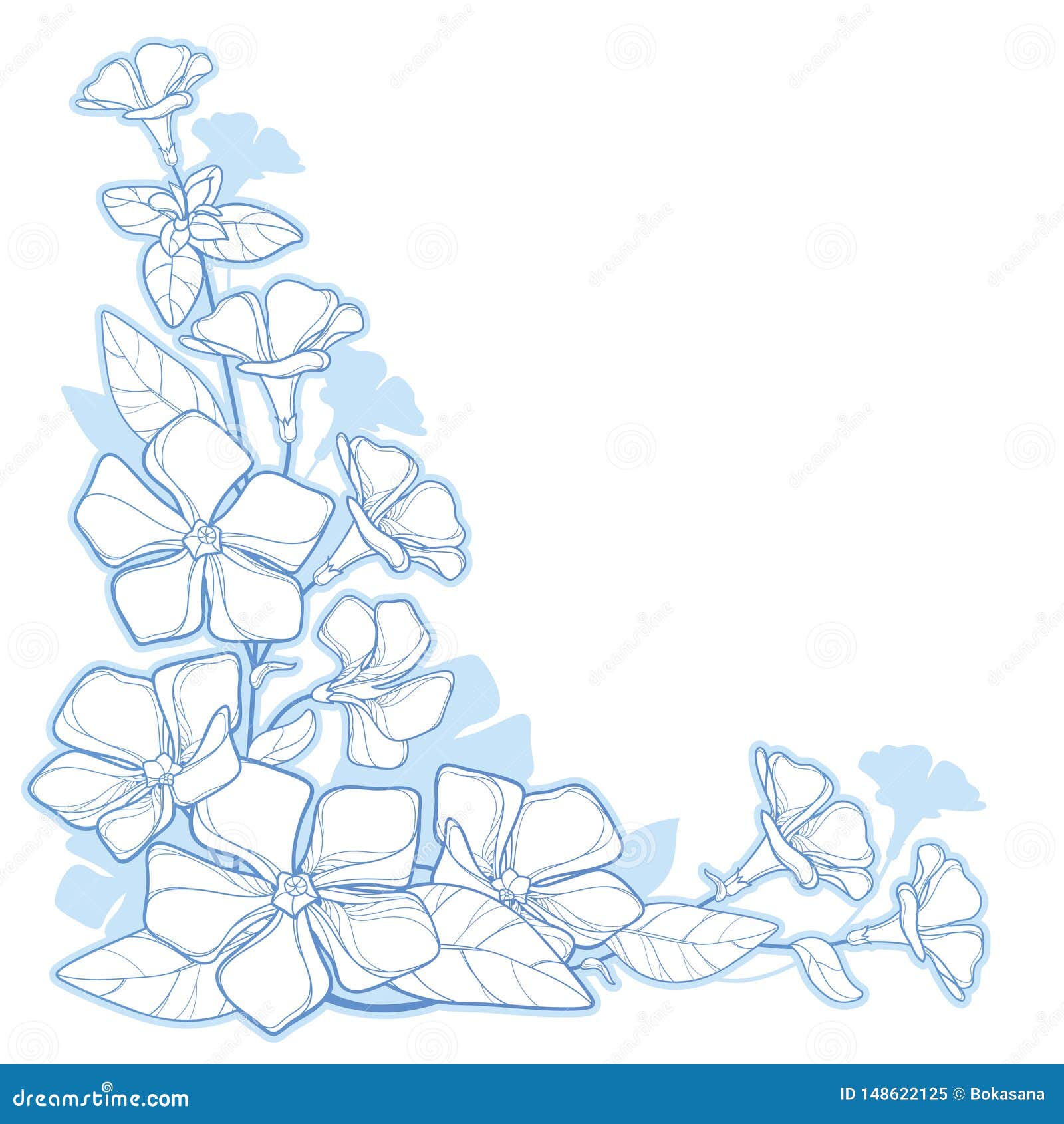 Vector Corner Bouquet of Outline Periwinkle or Vinca Flower Bunch and ...