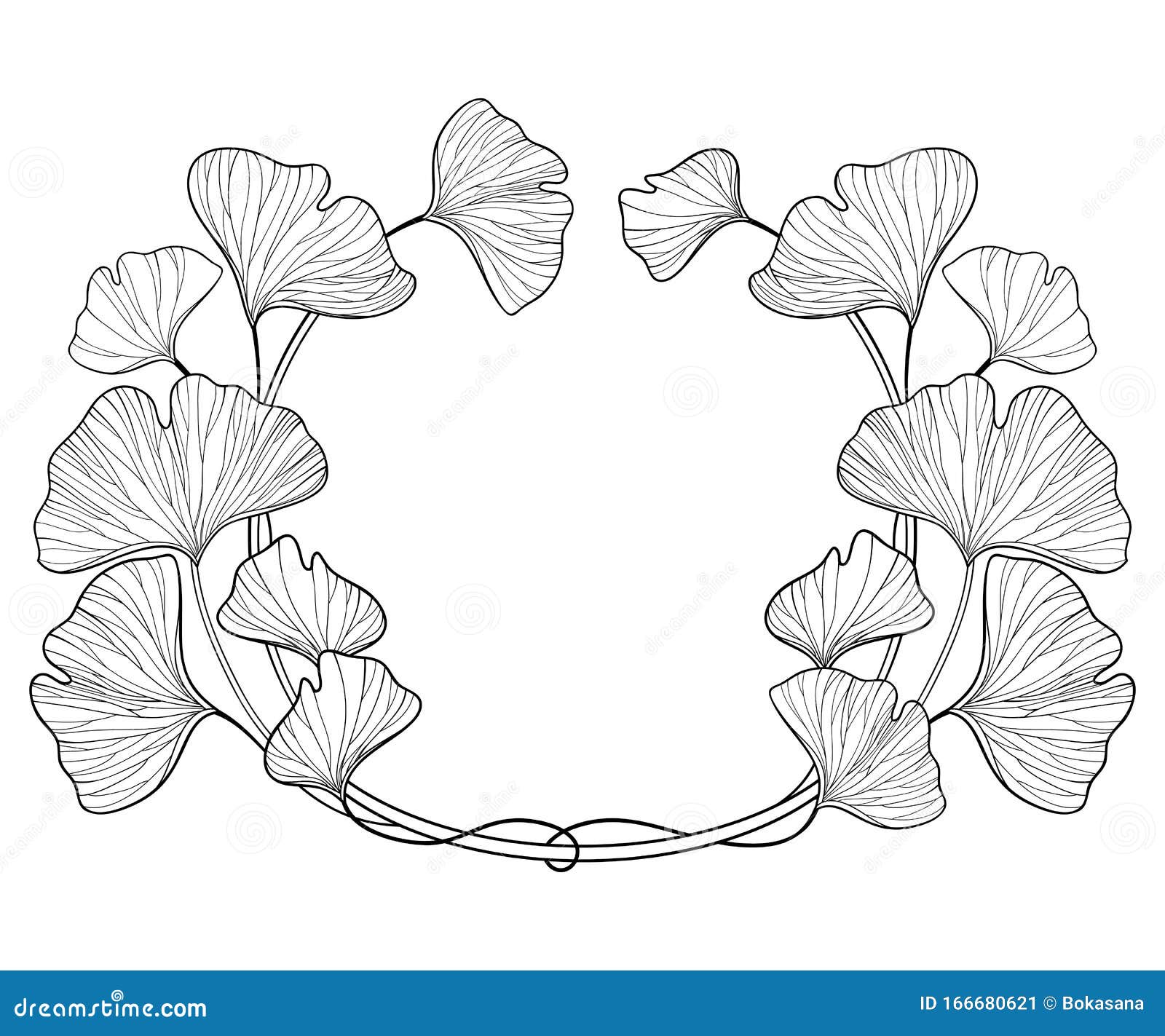 Vector Round Frame with Outline Gingko or Ginkgo Biloba Leaves. Bunch ...