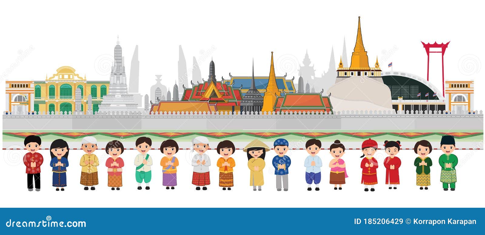 Kids Asian in Traditional Costume. Vector Illustration Stock Vector ...