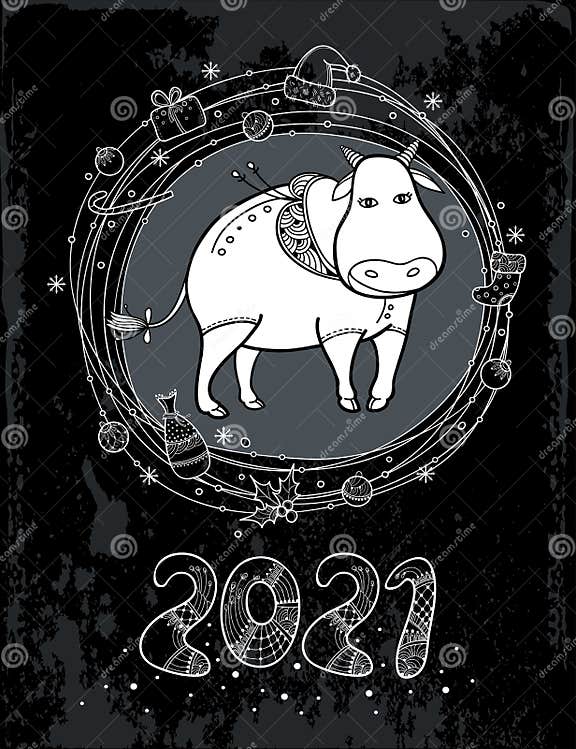 Vector Outline Cute White Bull and Winter Decoration on the Black ...